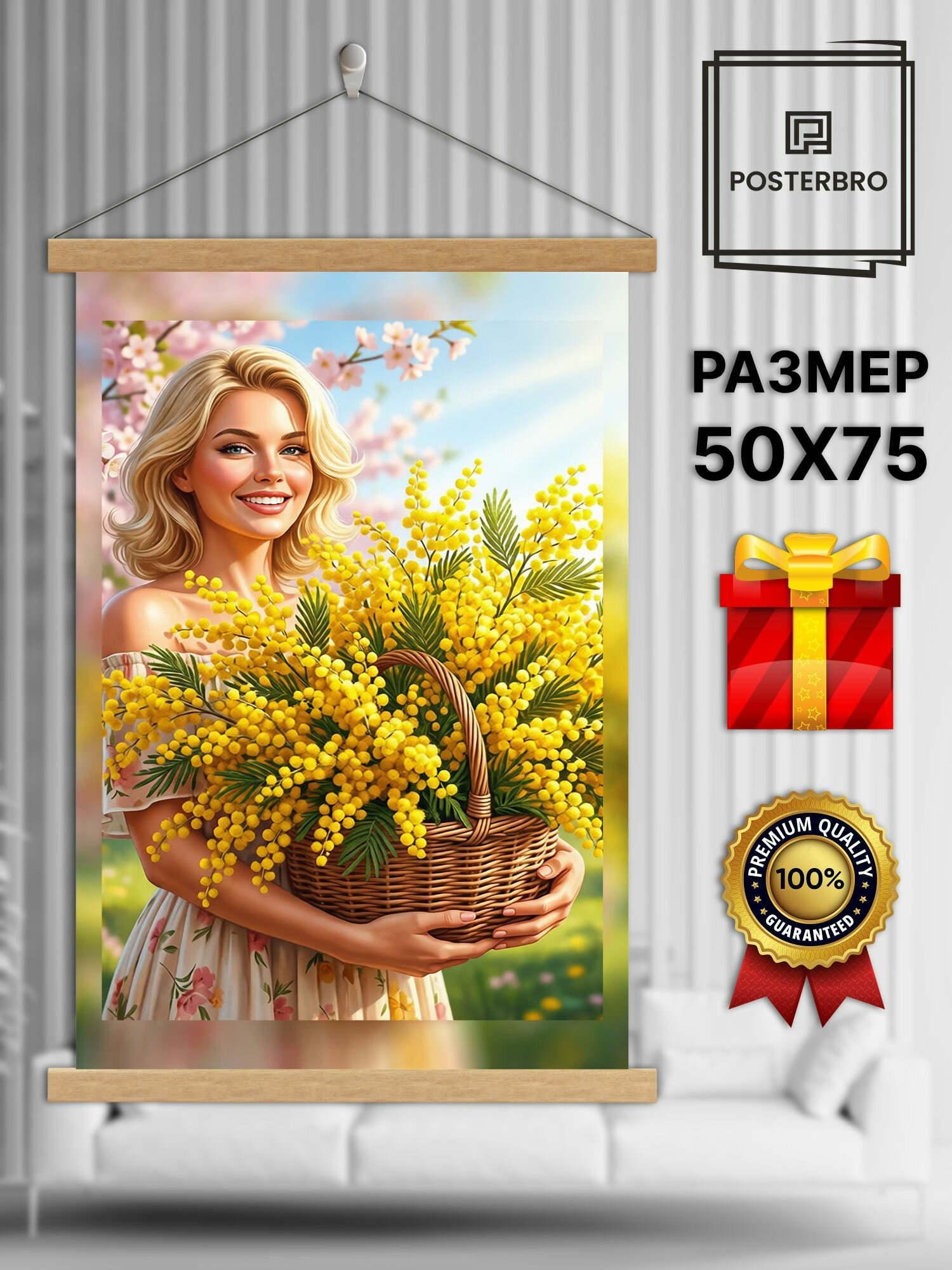 Posterbro постер на стену "Мимозы в корзине" 50х75 см в стиле граффити с рамкой, подарочный комплект