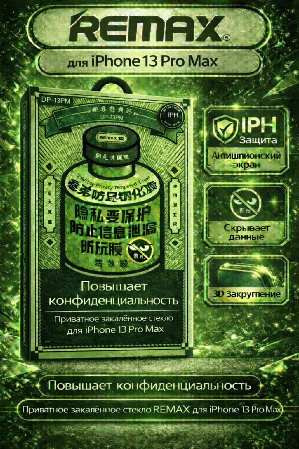 Стекло антишпион для iPhone 13 Pro Max, REMAX PRIVACY противоударное бронестекло для Айфон 13 Про Макс