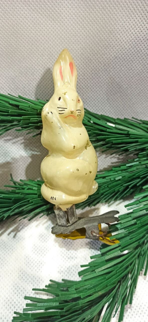 Елочная игрушка Заяц / Кролик на прищепке винтажная, стекло, СССР