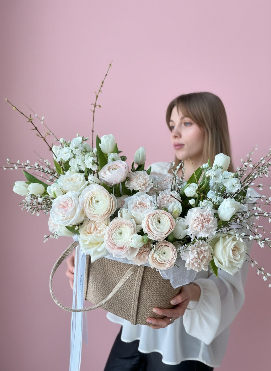 Корзина "Роскошная", с цветами, стиль, тюльпаны, ранункулюсы, гвоздика