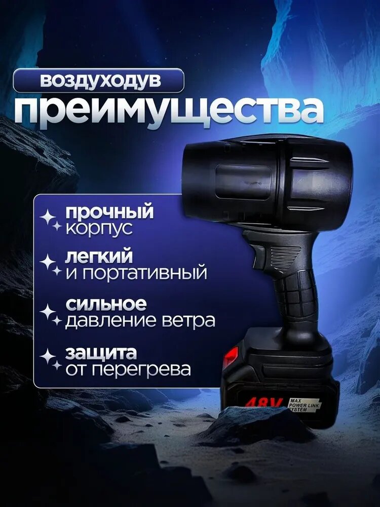 Аккумуляторная воздуходувка 48V для сада и двора, с функцией обдува и измельчения листьев — фото 1