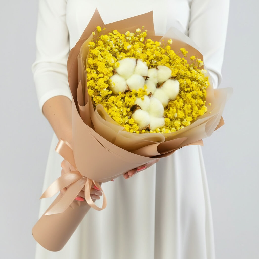 Дуо-букет Мегацвет24 "Гипсофила и Хлопок" мини, дизайнерская упаковка