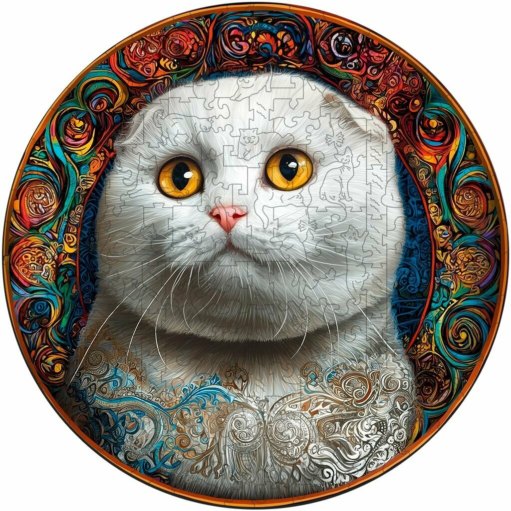 Деревянный пазл BoberBox "Мандала Скоттиш-фолд белый", 200 деталей, круглый 30 см