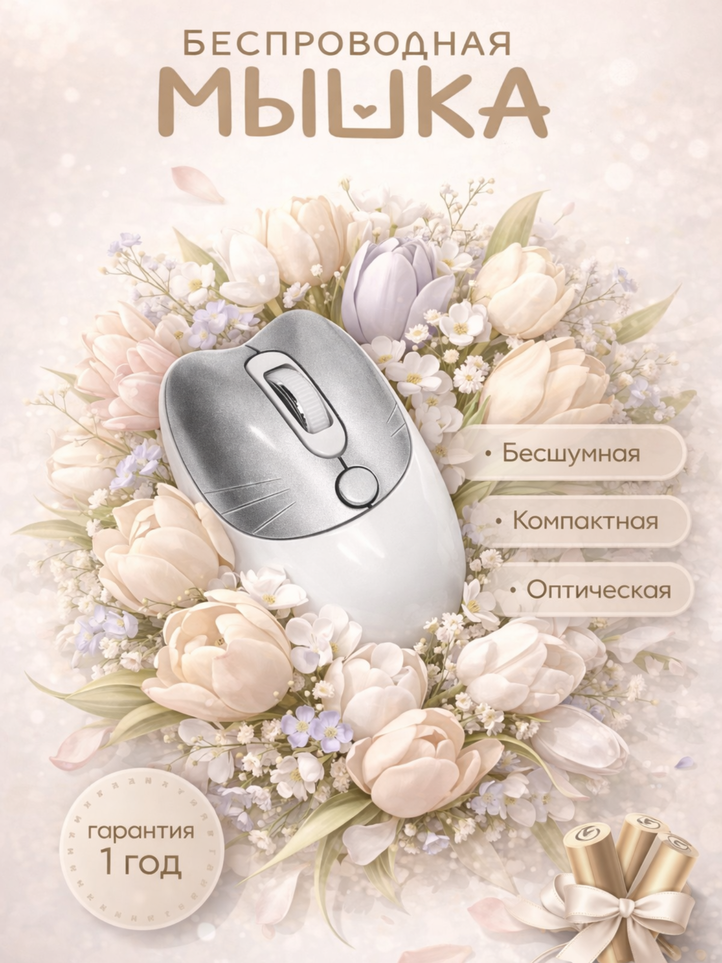 Компьютерная мышь беспроводная MOFii, универсальная , бесшумная, 4 клавиши, белая, чувствительность 800/1200/1600 dpi