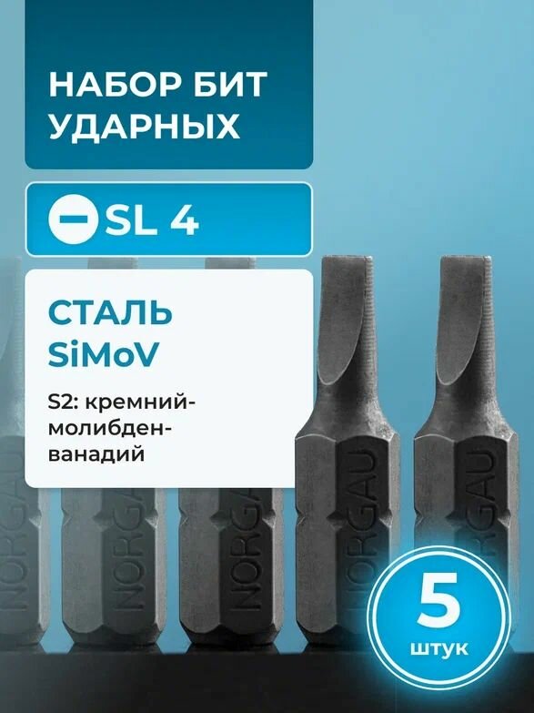 Набор бит sl 4 NORGAU Industrial из высокопрочной SiMoV стали S2, под шестигранник 1/4", 5 штук.