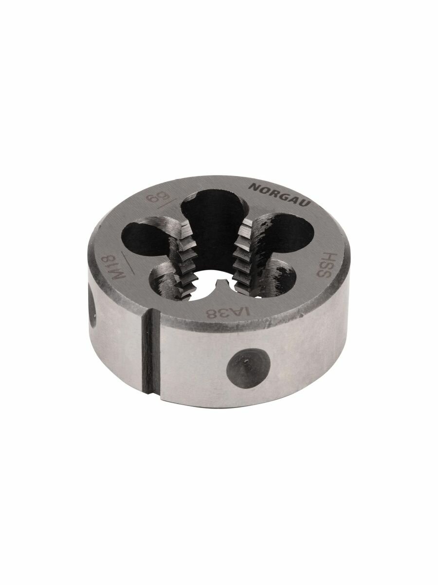 Плашка М18х2.5 мм с поднутрением NORGAU Industrial метрическая, для нарезания резьбы с крупным углом профиля 60, по DIN223, HSS, диаметр 45 мм