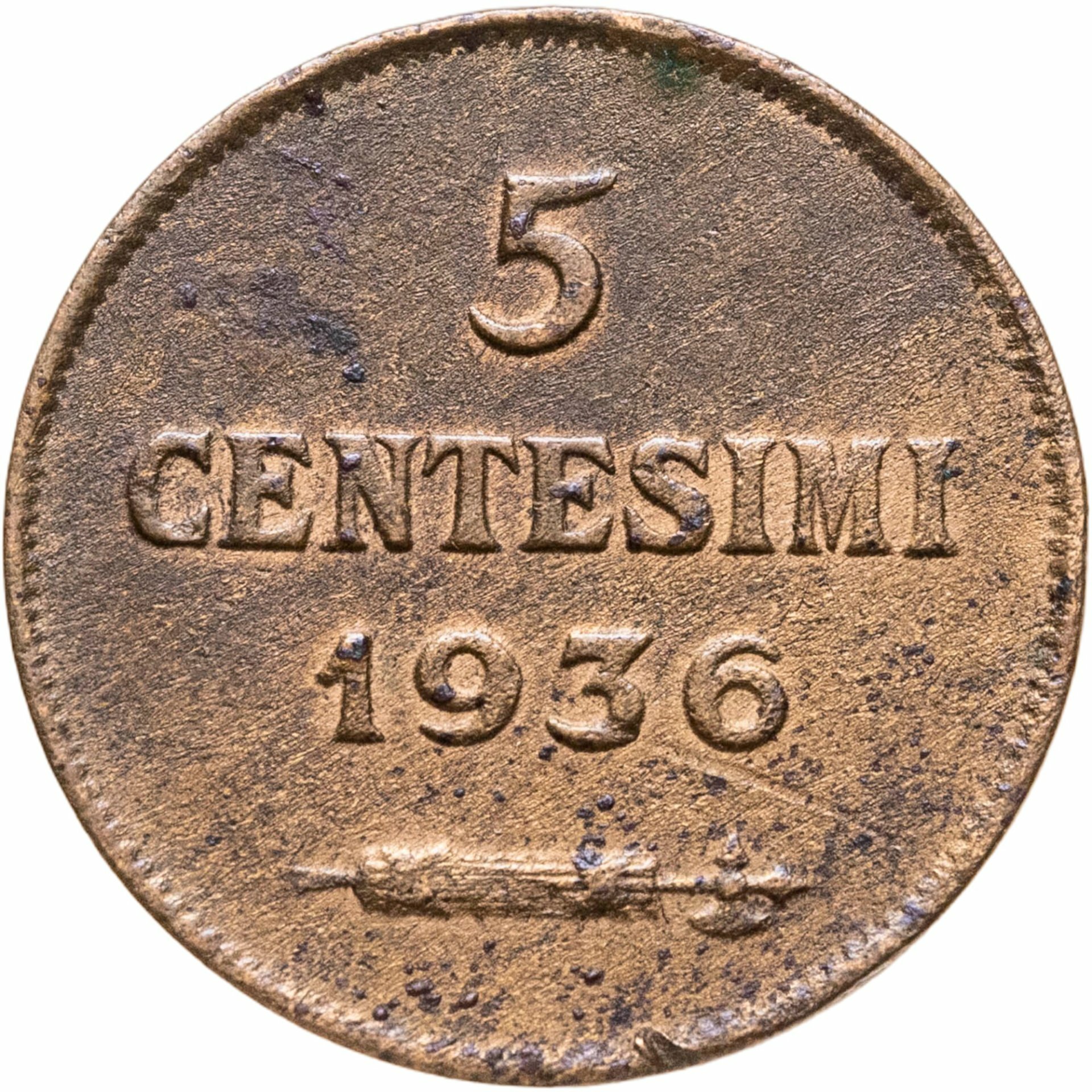 Сан-Марино 5 чентезимо centesimi 1936, Бронза, в сохранности VF