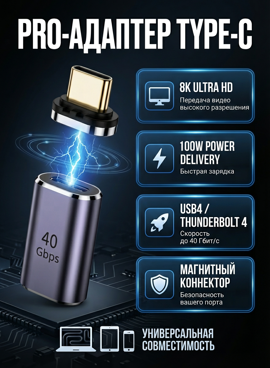 Магнитный переходник (адаптер) PD100W USB Type-C/Thunderbolt , быстрая зарядка, передача данных 40Гбит/с