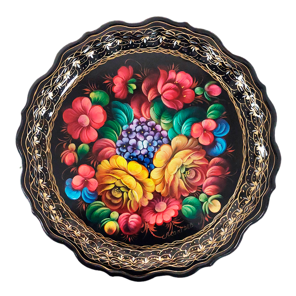 Поднос металлический, круглый "Цветочный этюд", жостово 37см.