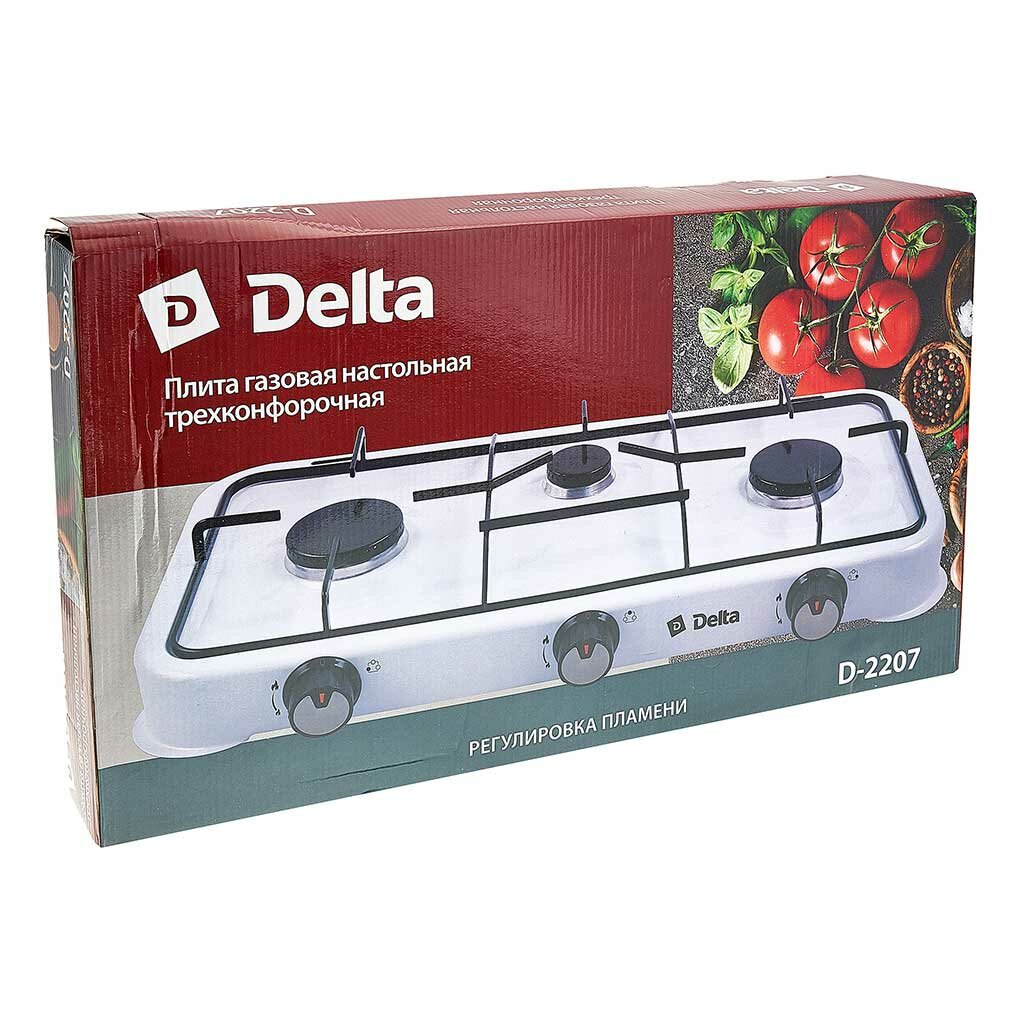 Газовая плита Delta D-2207 настольная, 3 конфорки, эмалированная, белая