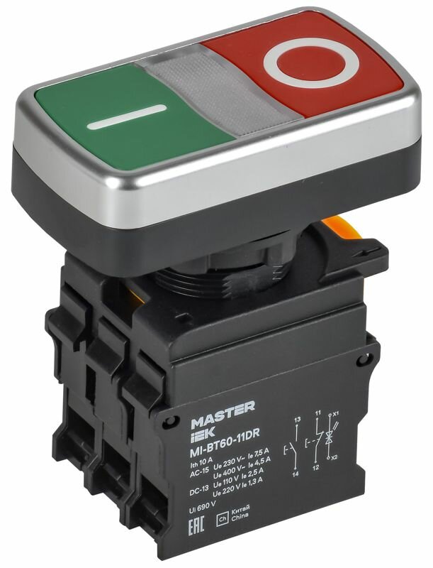 Кнопка "I-O" d22мм 1НО+1НЗ MASTER с подсветкой IEK MI-BT60-11DR-3-11-K51
