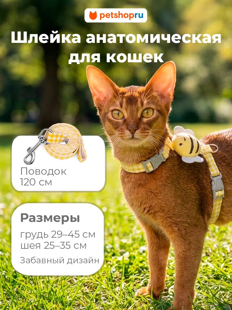 PETSHOP Шлейка с поводком для кошек "Пчёлка", 29-45 см, желтая