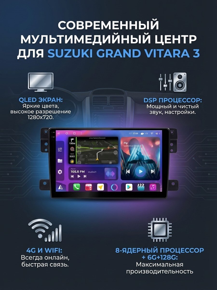 Магнитола Сузуки Гранд Витара (Suzuki Grand Vitara 3) 2005-2015 на Android 14, WiFi + 4G, CarPlay/Android Auto