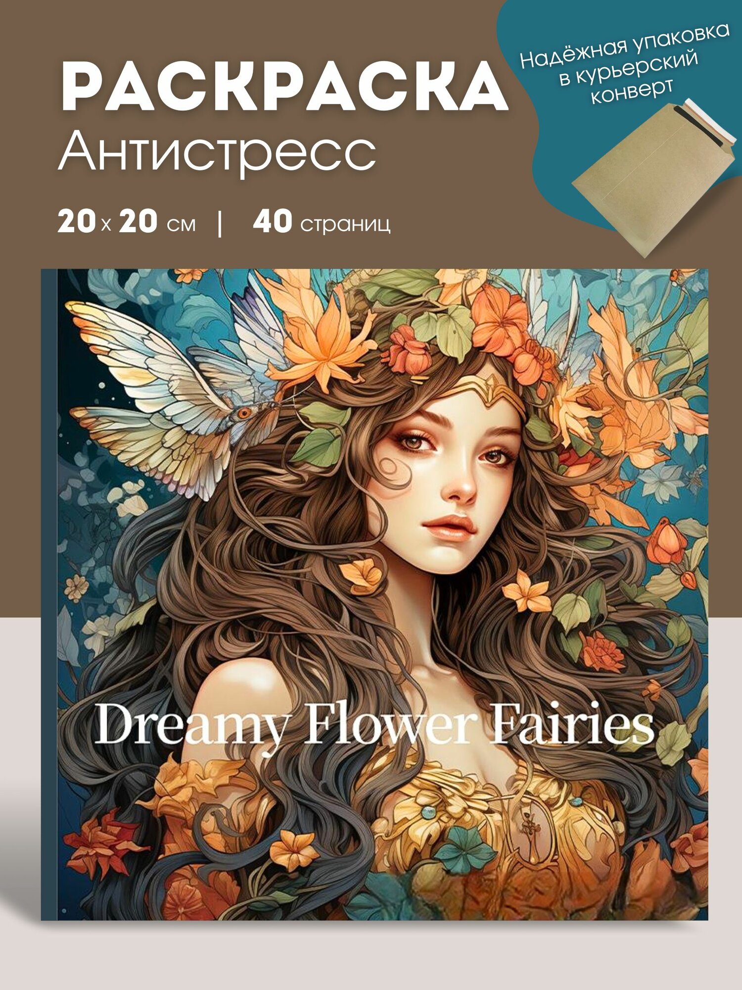 Антистресс раскраска для взрослых, разукрашка маленькая в дорогу Dreamy Flower Fairies, 40 страниц