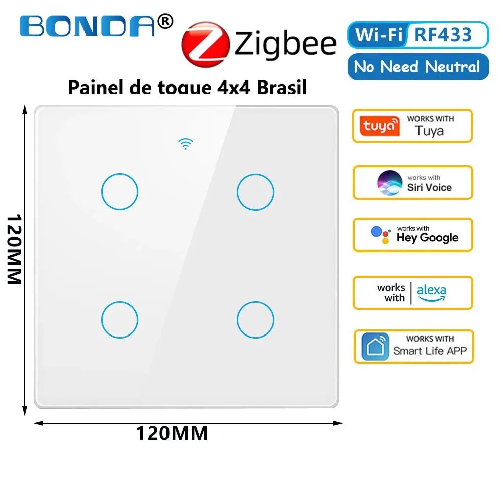 BONDA Умный выключатель Zigbee, белый, 4 клавиши