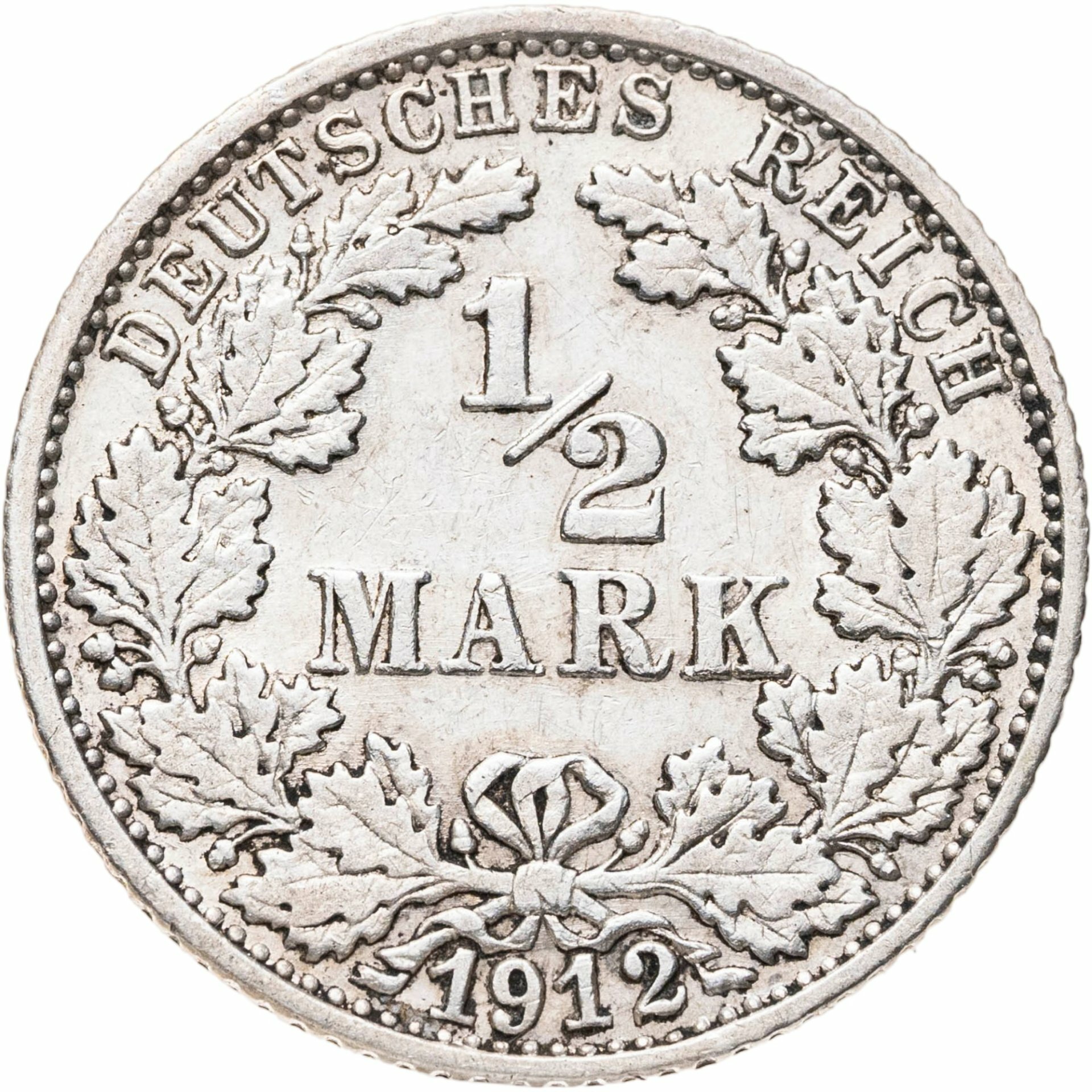 Германия 1/2 марки mark 1912 Знак монетного двора: "F" - Штутгарт, Серебро 900, в сохранности XF