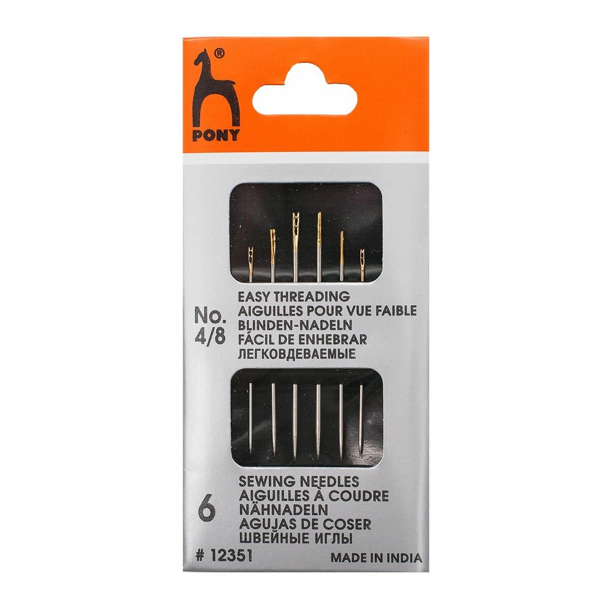 Иглы ручные легковдеваемые с золотым ушком, №4-8, 6шт, PONY