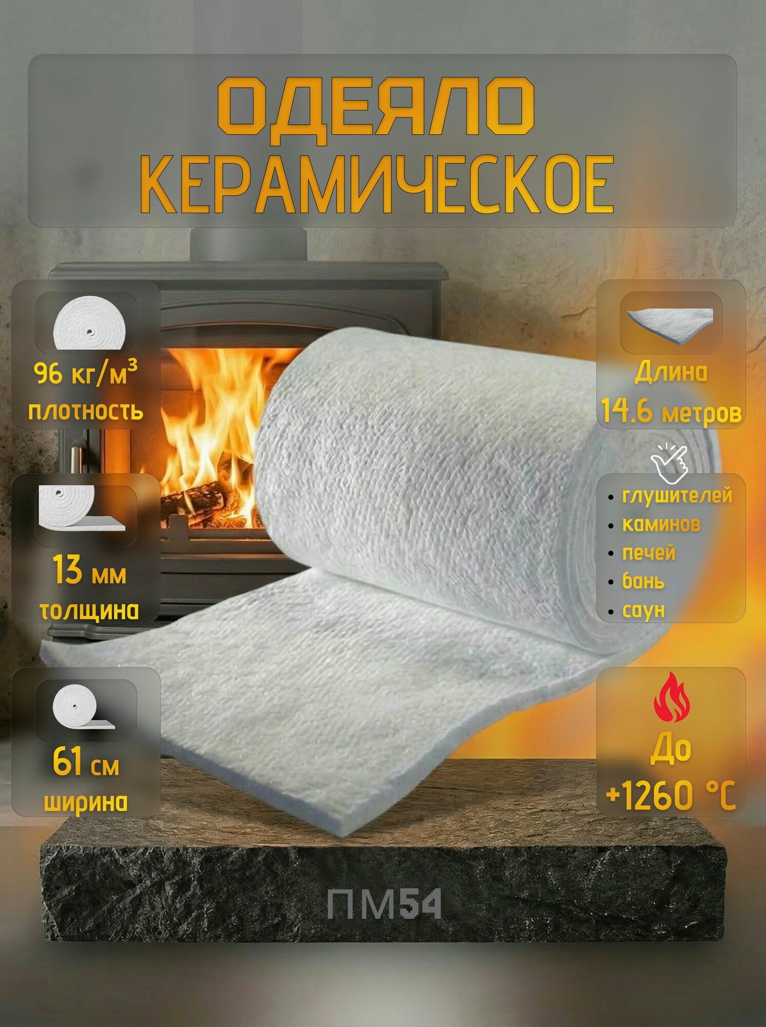 Одеяло огнеупорное 13 мм 1260C 96 кг/м 14,6 м для печей, дымоходов и авто