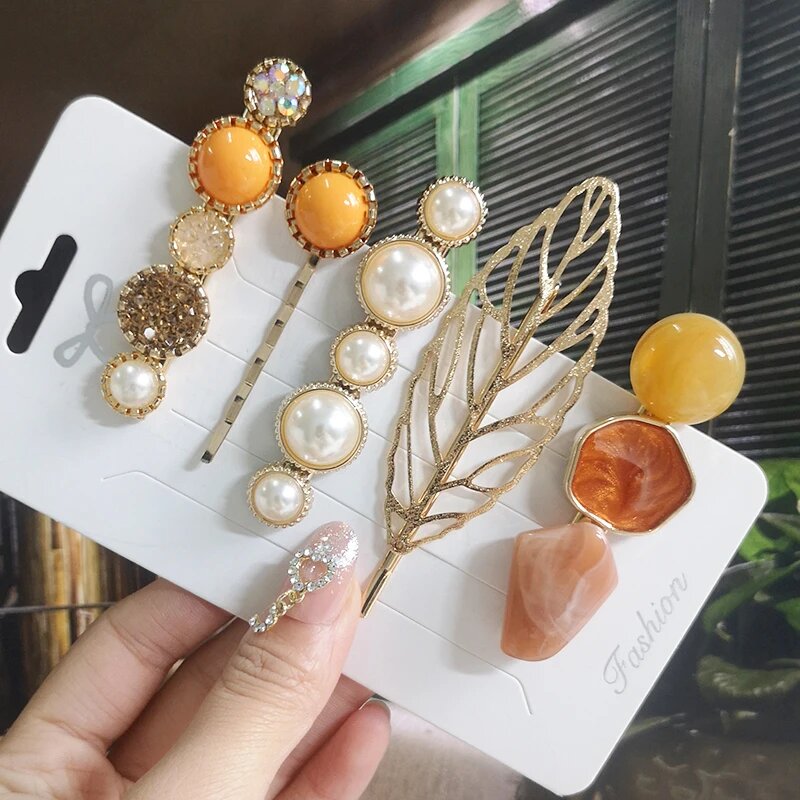 Модные заколки невидимки для волос акриловые геометрические, расшитые стразами и жемчугом женские аксессуары для волос для женщин с цветочным рисунком для девочек листьев Starfish заколки для волос комплект