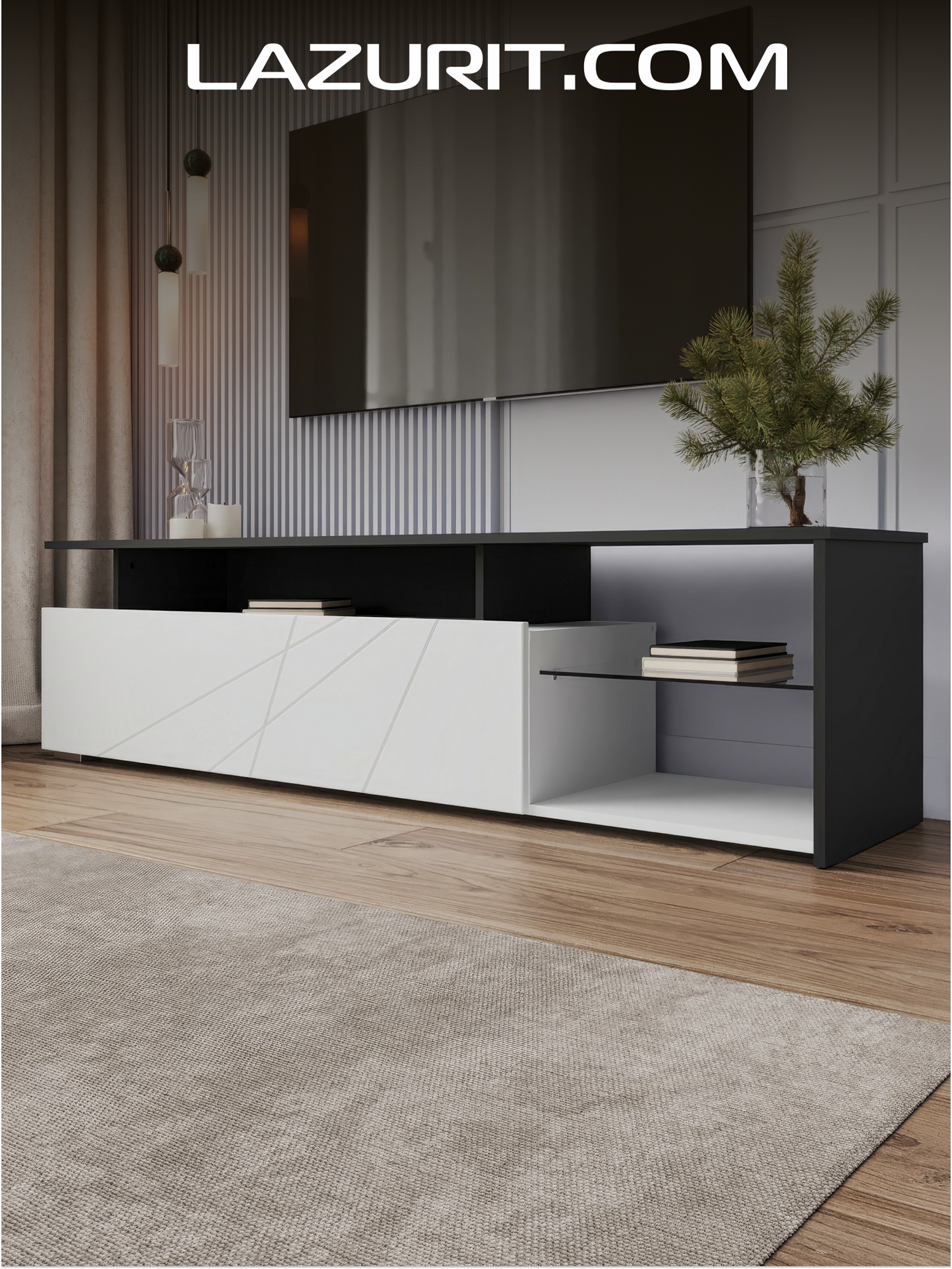 ТВ тумба под телевизор напольная Lazurit ARCTIC длинная узкая в гостиную белая/черная современная 170х45х42 см с ящиком