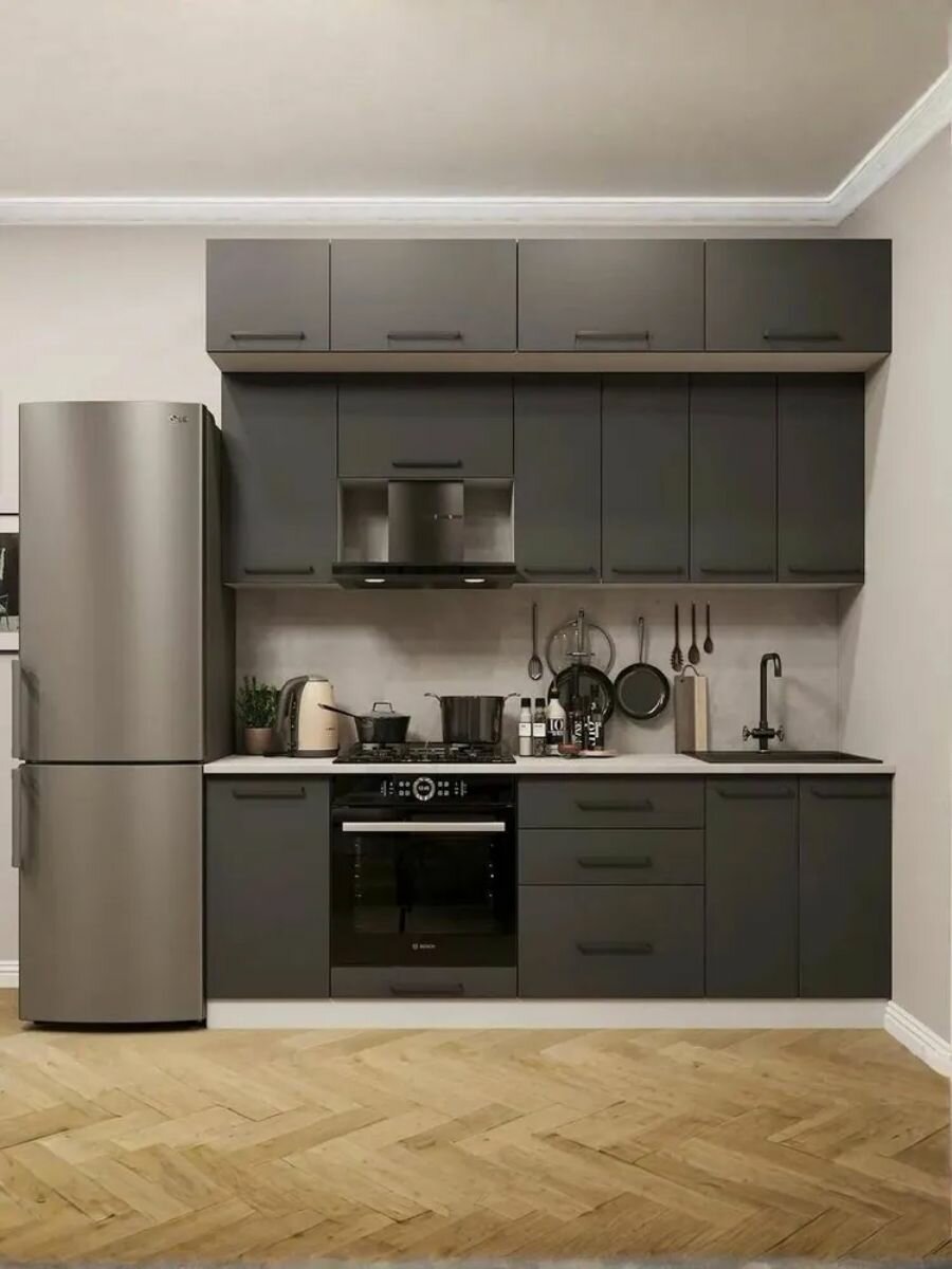 Модульная кухня прямая Тоскана ЛДСП 1,8 (2,4) м, Графит/Мрамор, со столешницей, с окапом, с модулем под духовой шкаф