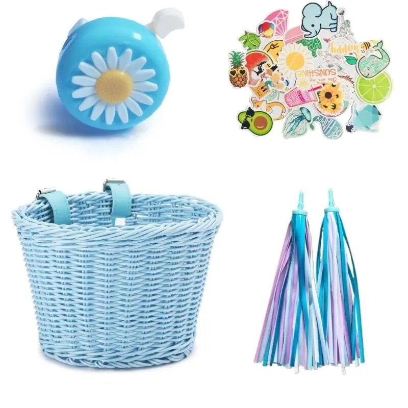 Велокосметика Набор детских аксессуаров: корзина, колокольчик, наклейки, кисточки для украшения велосипеда