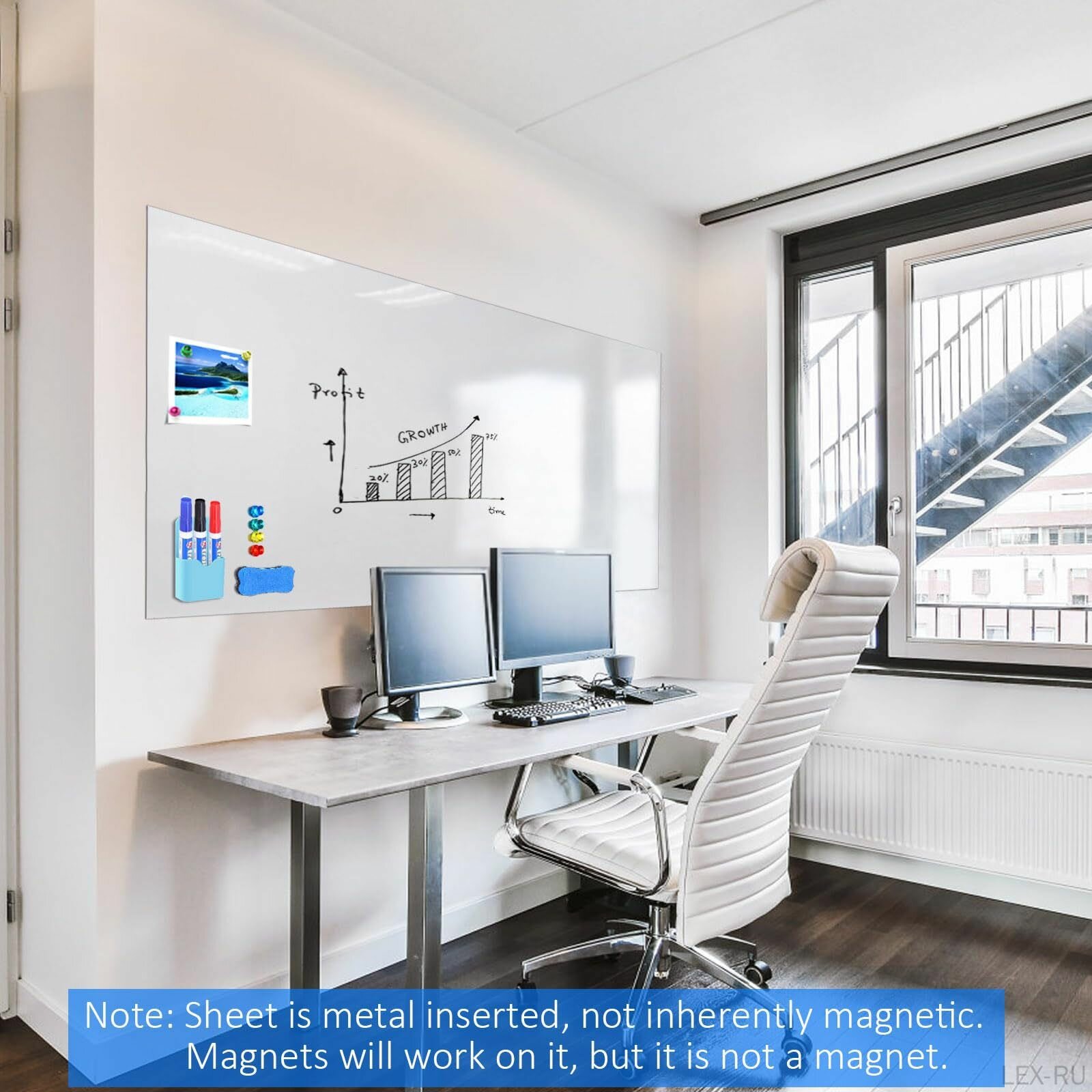 Лист магнитной самоклеющейся доски сухого стирания белого цвета толщиной 0.55 мм из материала PET для стен, стекол, офисов, домов, школ с маркерами, ластиками и магнитами