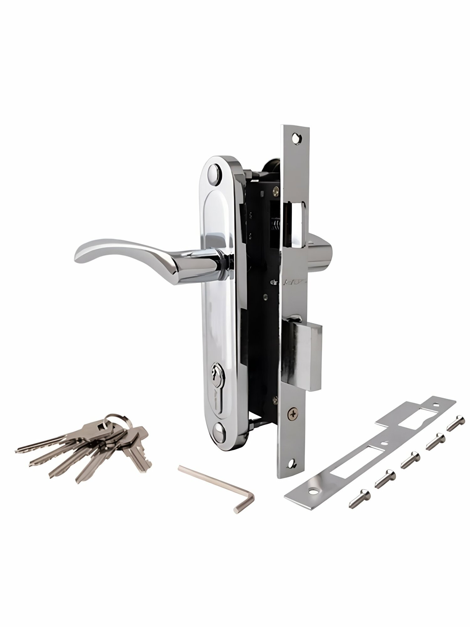 Замок врезной Avers 1223/60-CR, 28074, цилиндровый с ручкой в комплекте, универсальный, цвет хром, межосевое 70 мм.