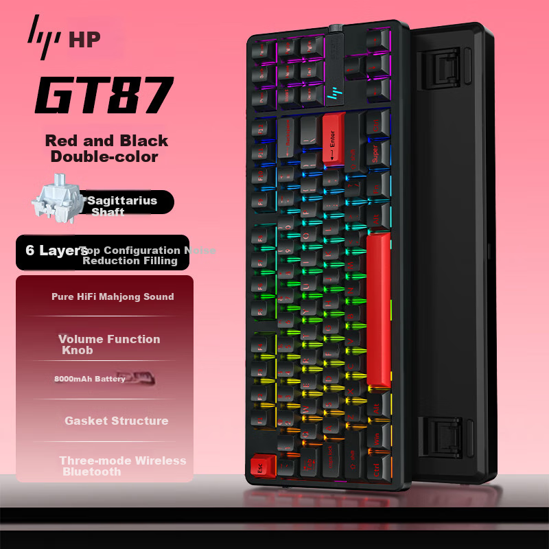 HP GT87 Механическая клавиатура беспроводная Bluetooth трирежимная с RGB-подсветкой для игр и офиса красно-черная