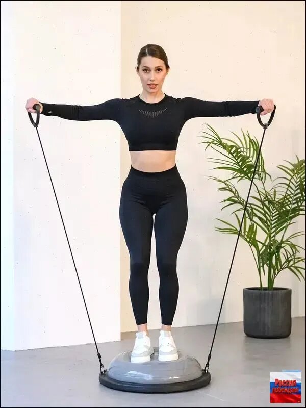 Балансировочная полусфера 46 Bosu с эспандерами в наборе, cтеп-платформа, до 120 кг. UNIXFIT, Серый, Балансировочная полусфера, эспандеры, насос