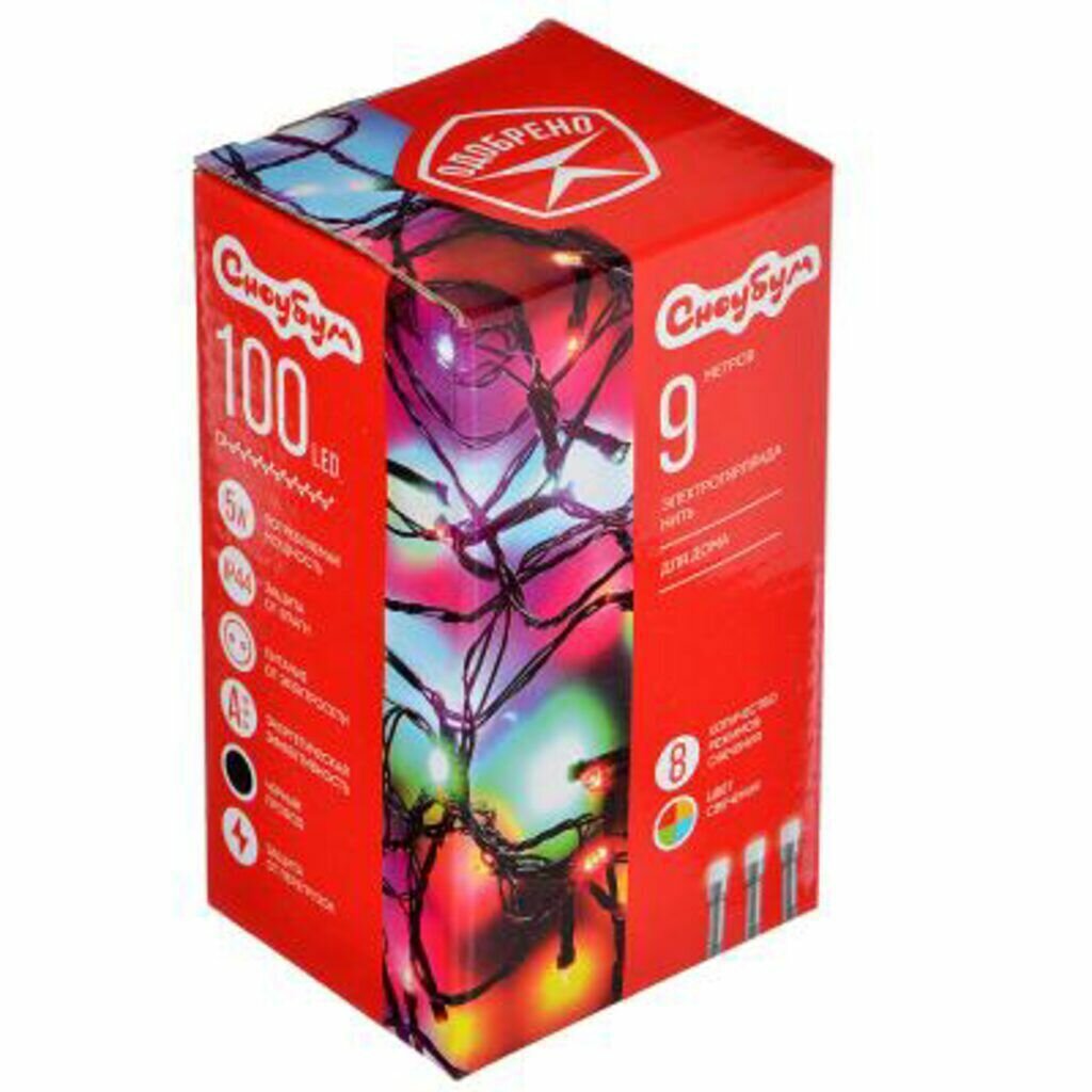 Гирлянда электрическая СноуБум 9 м 100LED светодиодная, черный провод, вьюн, 220В, мультицвет (384-029)