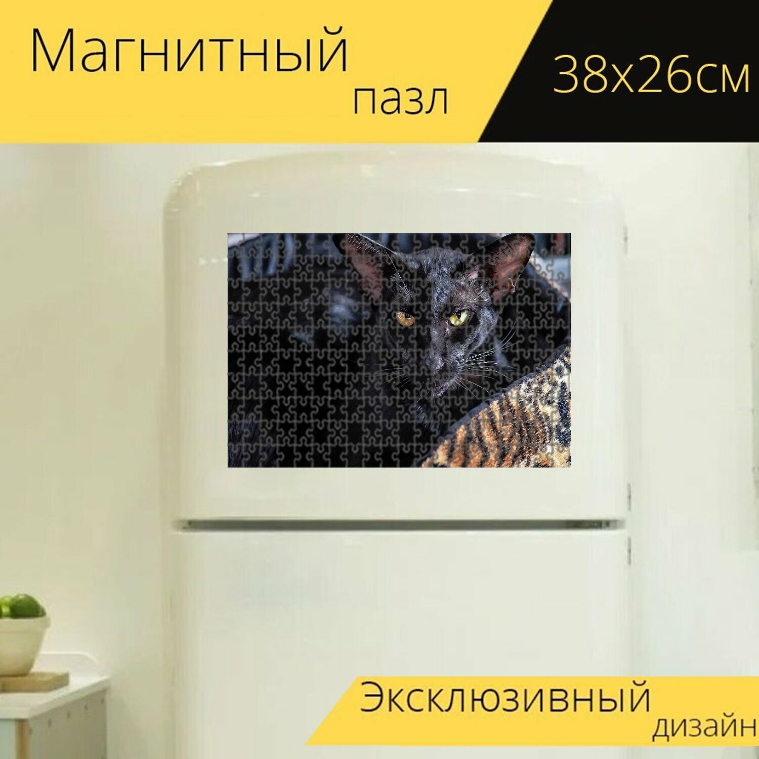 Магнитный пазл "Кошка, чёрная, ориентал" для интерьера, 38х26 см.