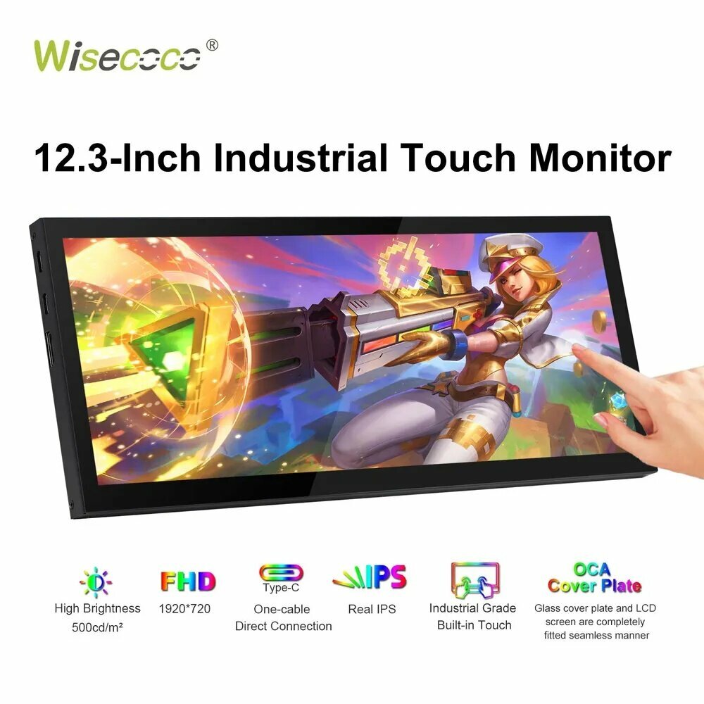 Wisecoco Пиксельный экран 12.3"Портативный сенсорный монитор,1920x720 FHD IPS, HDMI+ Type-C, для ноутбука ПК температура Aida64 GPU CPU RAM мониторинга, черный матовый, хаки