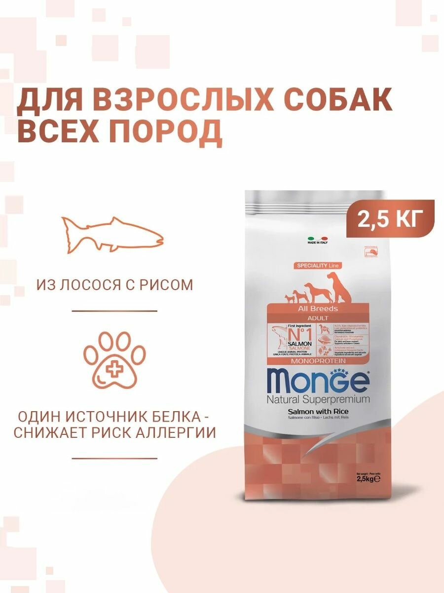 MONGE Dog Monoprotein Сухой корм для взрослых собак всех пород Лосось с рисом 2,5 кг