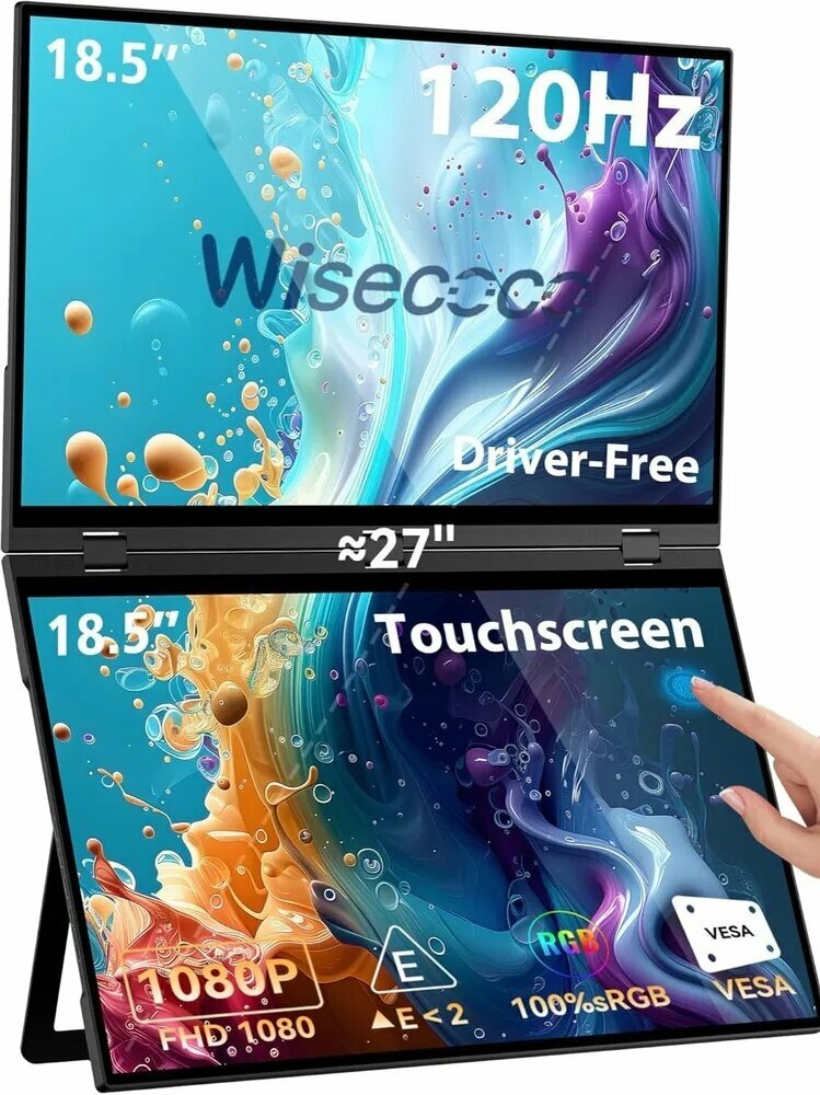 Wisecoco 18.5" Монитор Складной портативный с двумя экранами 120Hz FHD 1080P, USB-C/HDMI, HDR, 100% sRGB, для Ноутбука/ПК/Игр (Plug&Play), черный