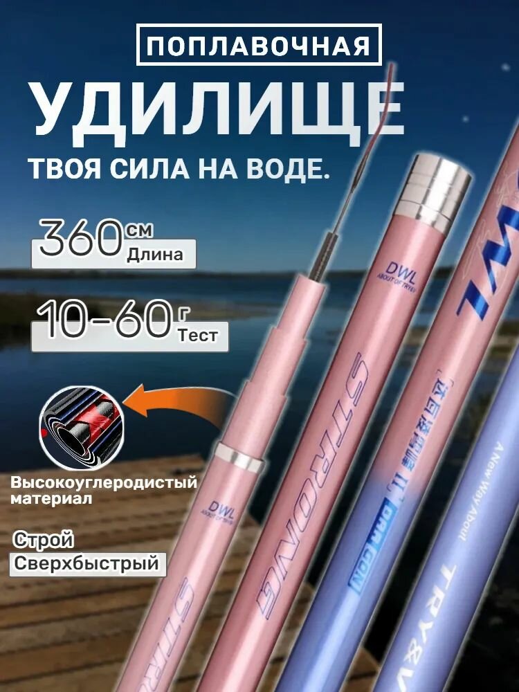 Удилище карбоновое трехслойное для трофейной рыбы, с металлическими кольцами и противоударной вершинкой, градиентная