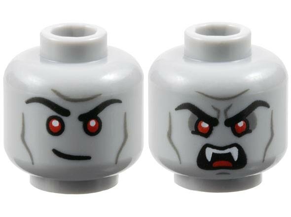 Деталь Lego 3626pb3678 Minifigure, Head Dual Sided Black Eyebrows, Red Eyes, Dark Bluish Gray Contours, Lopsided Grin / Scowl with Open Mouth and Fangs Pattern