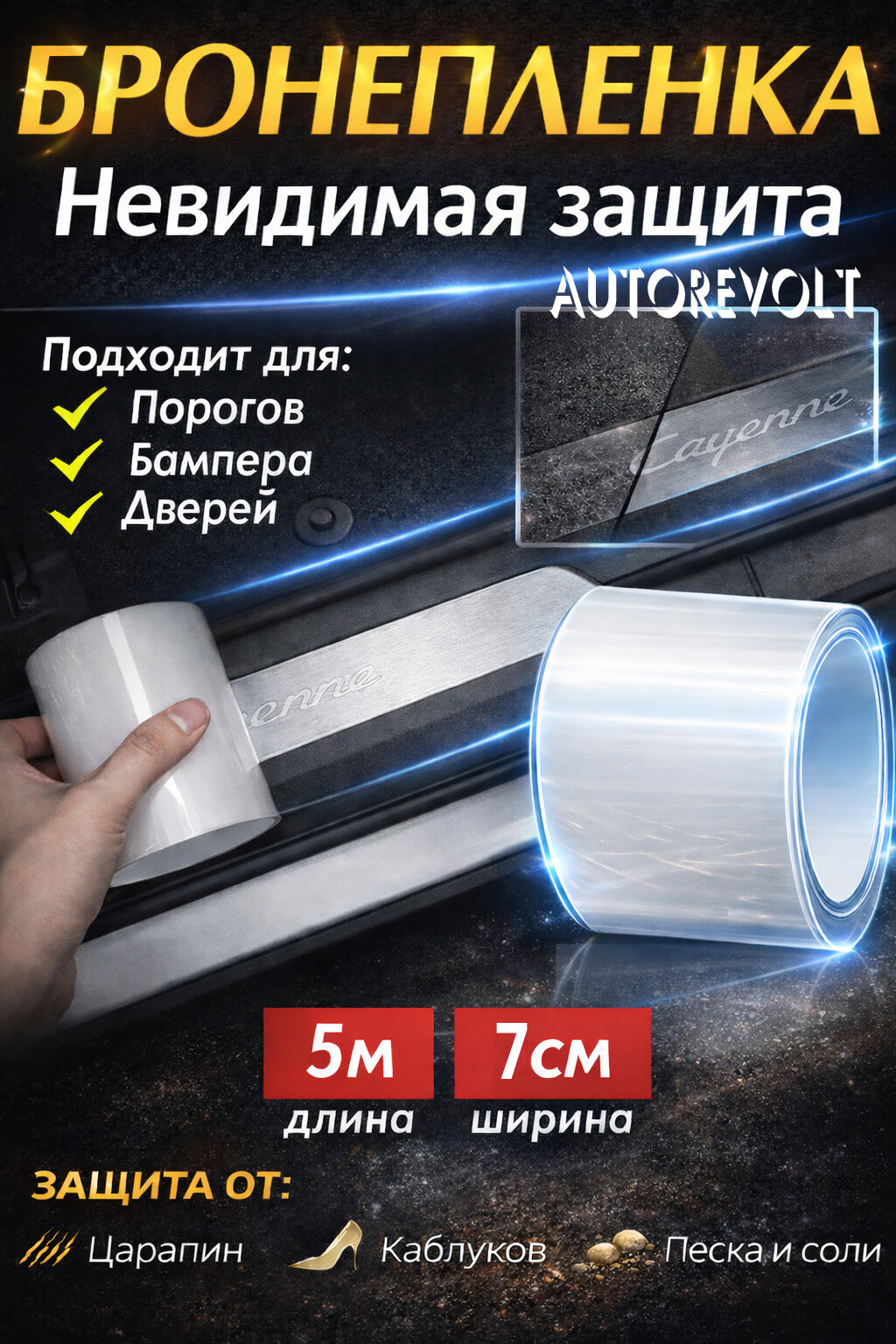 Защитная антигравийная бронепленка (7см х 5м) от сколов и царапин на автомобиль прозрачная самоклеющаяся 7 см на 5 метров / пленка для защиты кузова автомобиля