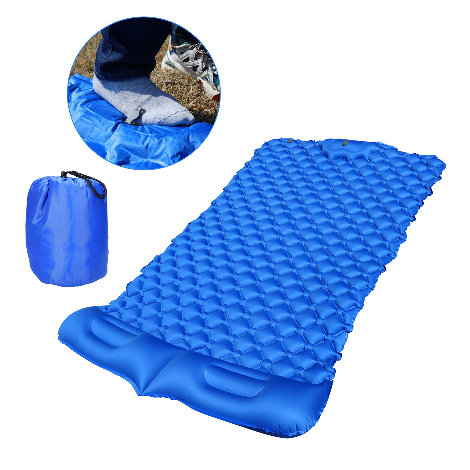 Matras dlya spaniya v otkrytom vozduhe TPU nablyudayushchiy plashchek dlya kempinga naduvnoy matras s podushkami puteshestvennyy matras palatka skladchivaya krovati ultralyogkiy vozdukh podushka dlya turizma trekkinga, material TPU+poliester, cvet sinyy,
