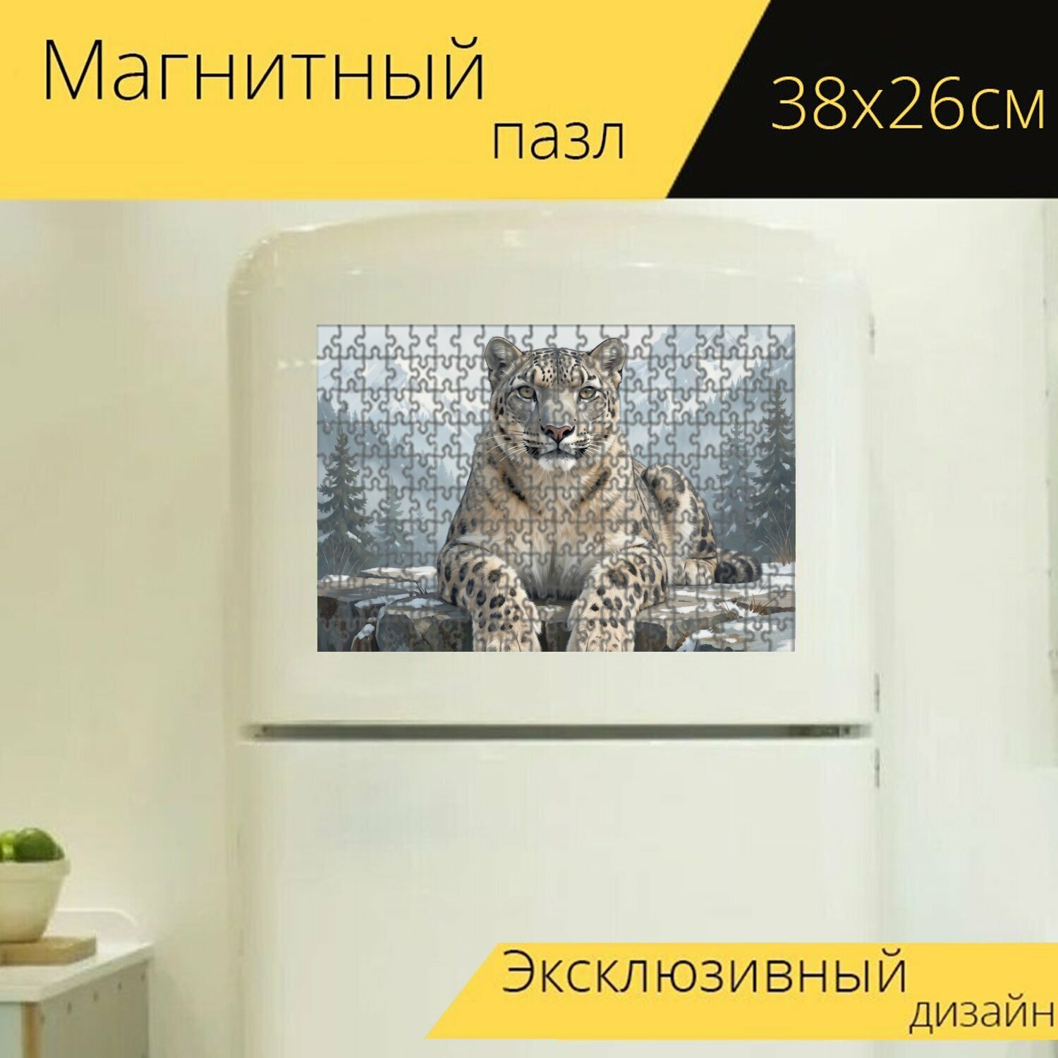 Магнитный пазл "Снежный барс в горах. Пятнистый хищник лежит на каменном уступе среди заснеженных вершин и хвойного леса. Реалистичная цифровая иллюстрация." для интерьера, 38х26 см.