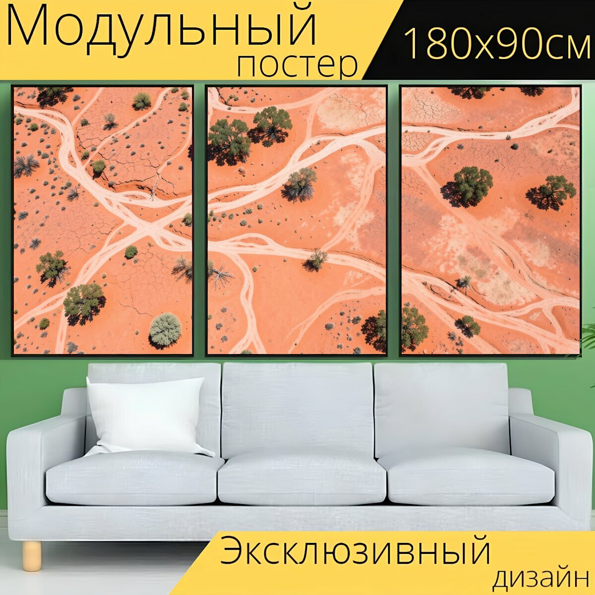 Модульный постер "Аэрофотосъемка пустыни с деревьями. Вид сверху на оранжево-красные пески с извилистыми грунтовыми тропами, редкими." 180 x 90 см. для интерьера на стену в тубусе