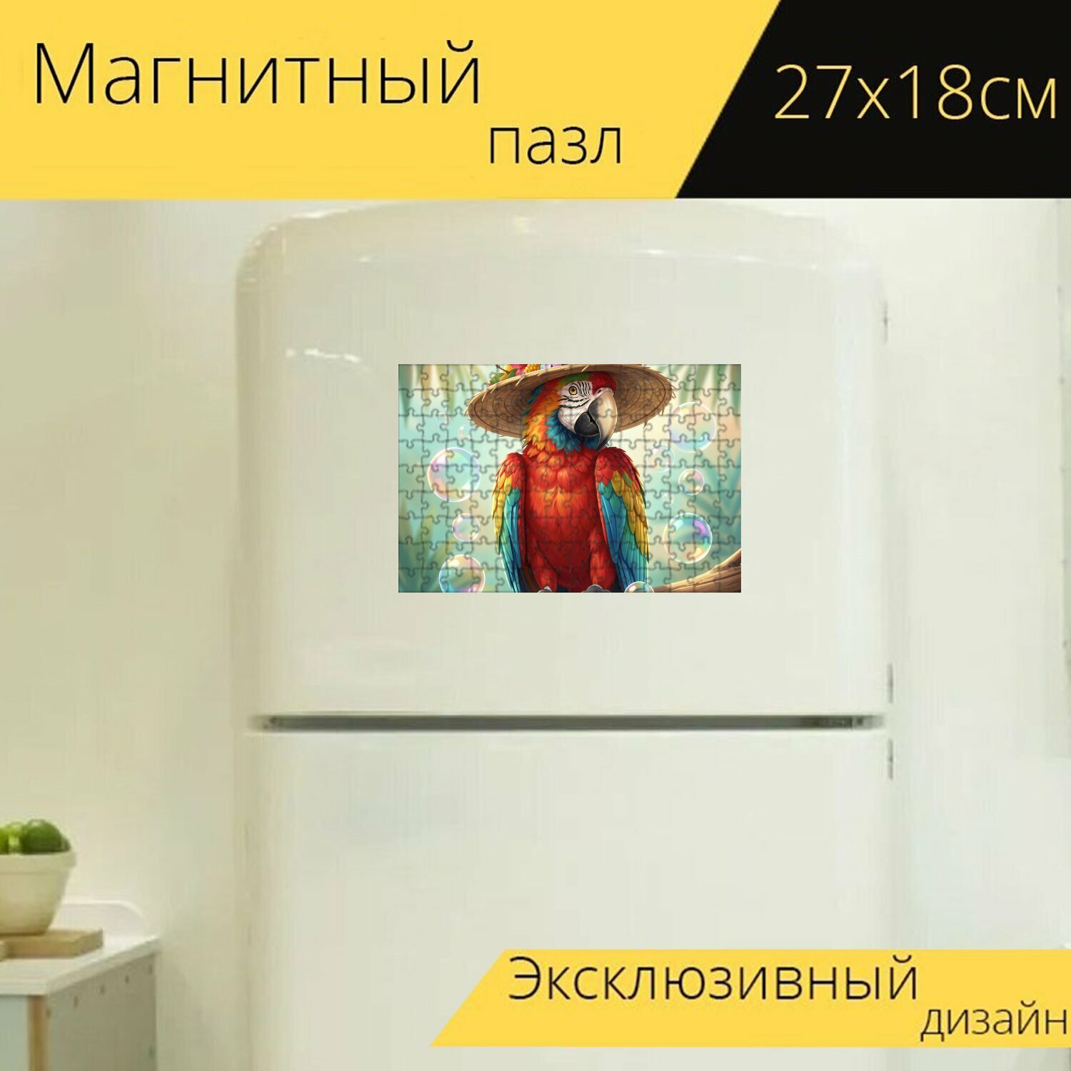 Магнитный пазл "Красный попугай в соломенной шляпе. Яркий тропический ара на ветке в декоративной шляпке с цветами и фруктами, вокруг мыльные пузыри." на холодильник 27 x 18 см.