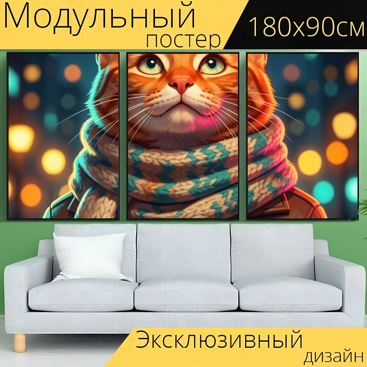 Модульный постер "Рыжий кот в шарфе. Милый полосатый питомец в пальто и вязаном снуде на фоне ночного города с огнями боке. Яркая." 180 x 90 см. для интерьера на стену в тубусе