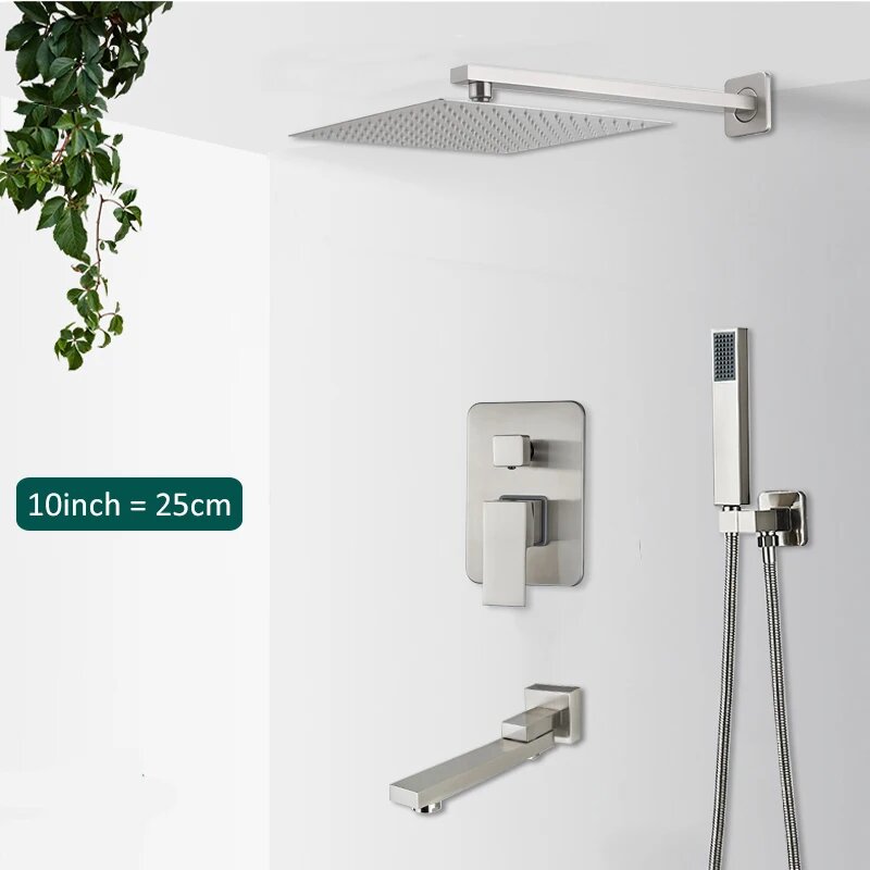 Душевые смесители из шлифованного никеля Набор дождевого водопада Система душа Модель для ванной комнаты со встроенной в стену смесительной краном Комбинированный душ 3-ходовой 10-дюймовый поворотный