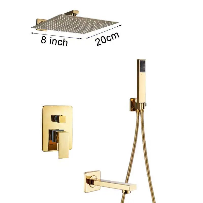 Набор для душа Rozin Golden Shower Set 8/10/12" Квадратный дождевой душ Кран для ванной стеновой монтаж Скрытый смеситель для душа Кран для ванны-8 дюймов 3-хходовый клапан