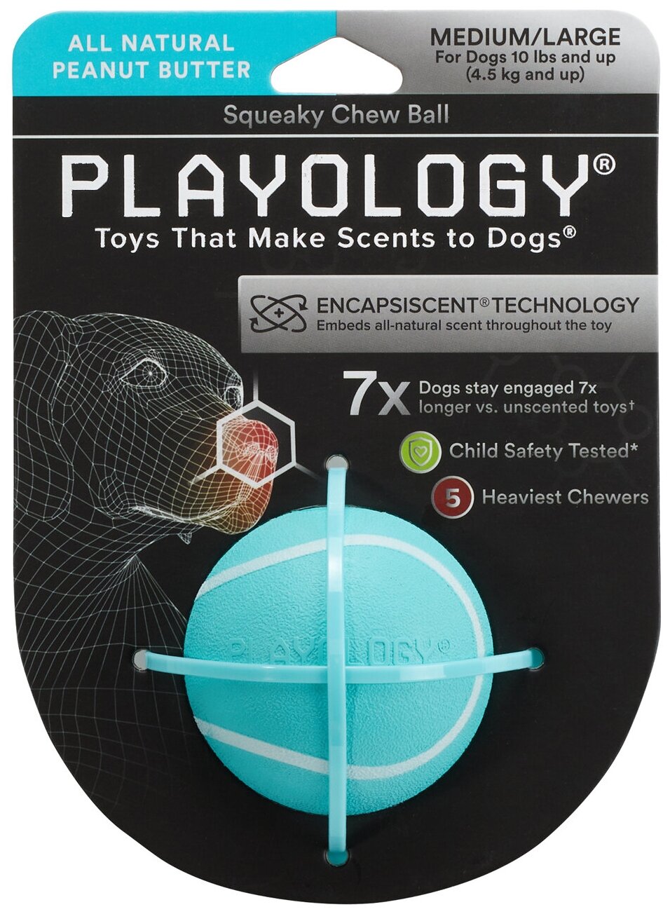Playology хрустящий жевательный мяч SQUEAKY CHEW BALL 6 см с пищалкой и с ароматом арахиса, голубой