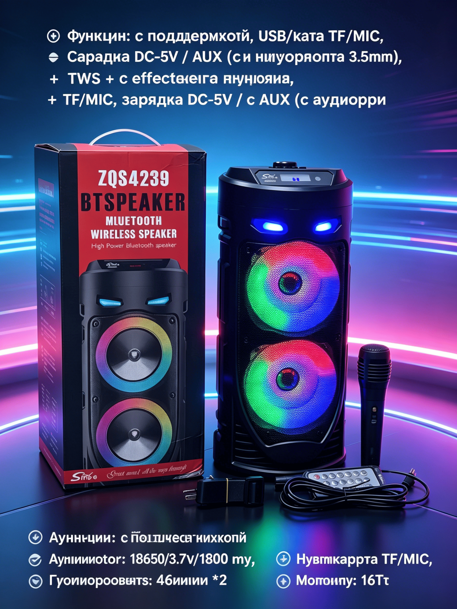 Bluetooth-динамик мощностью 16 Вт, RGB-подсветка, TWS, 1 микрофон для вечеринки на открытом воздухе