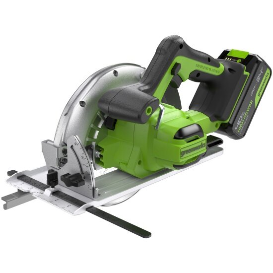 Пила дисковая аккумуляторная Greenworks GD24CS, 24V, б/щет,185х20мм, 4500 об/мин, рез 63мм,1х4Ач, ЗУ, кор (1500907CUB)