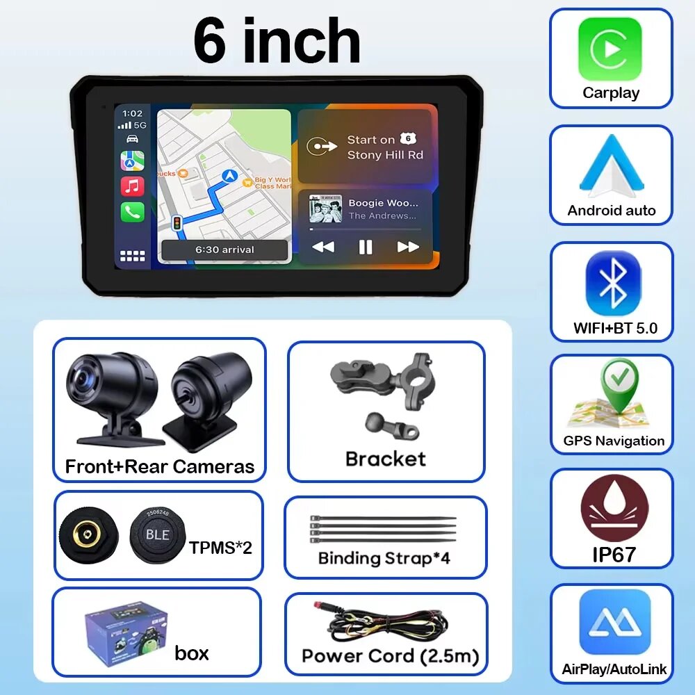6-дюймовый мотоциклетный GPS-экран с Carplay, Android Auto, TPMS