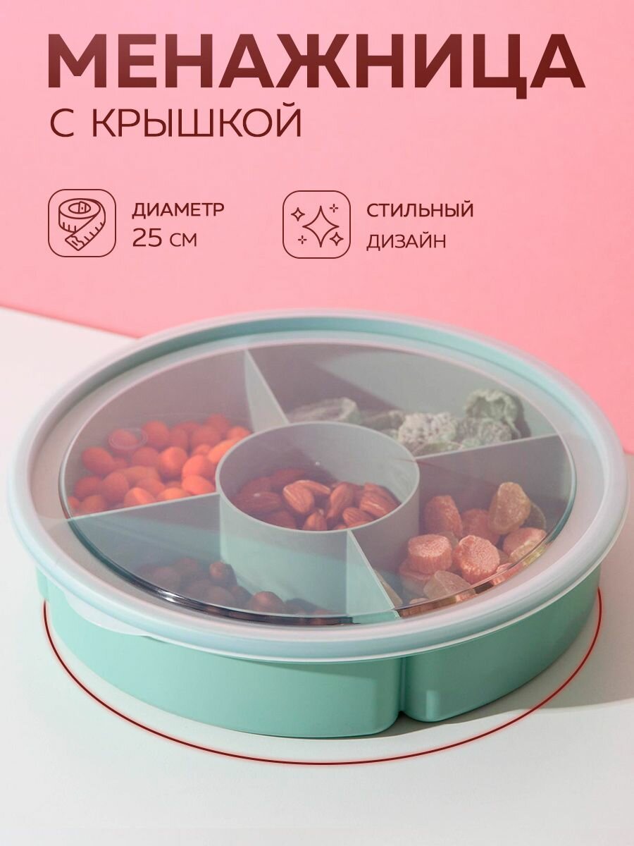 Менажница с крышкой, 5 секций, диаметр 25 см, пищевой пластик, цвет фисташковый